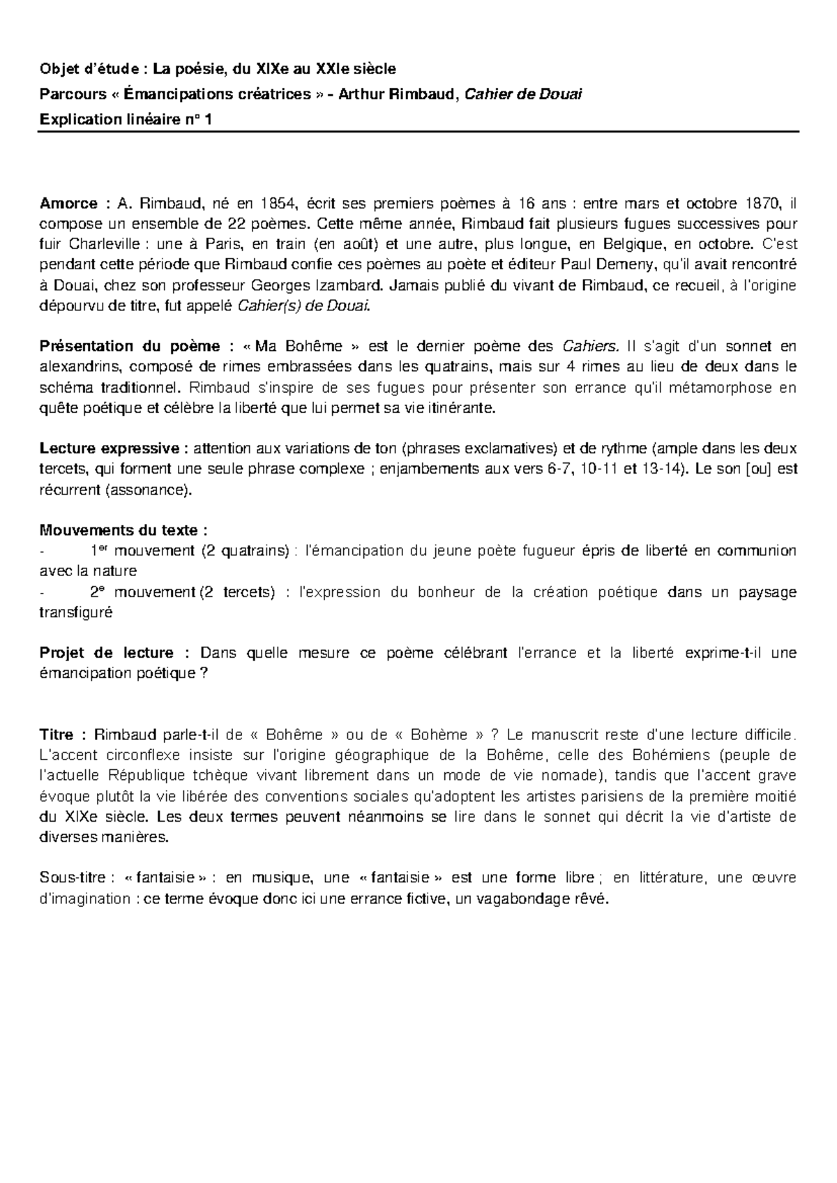 Rimbaud et la Bohême : Analyse du Poème "Ma Bohême" - Studocu