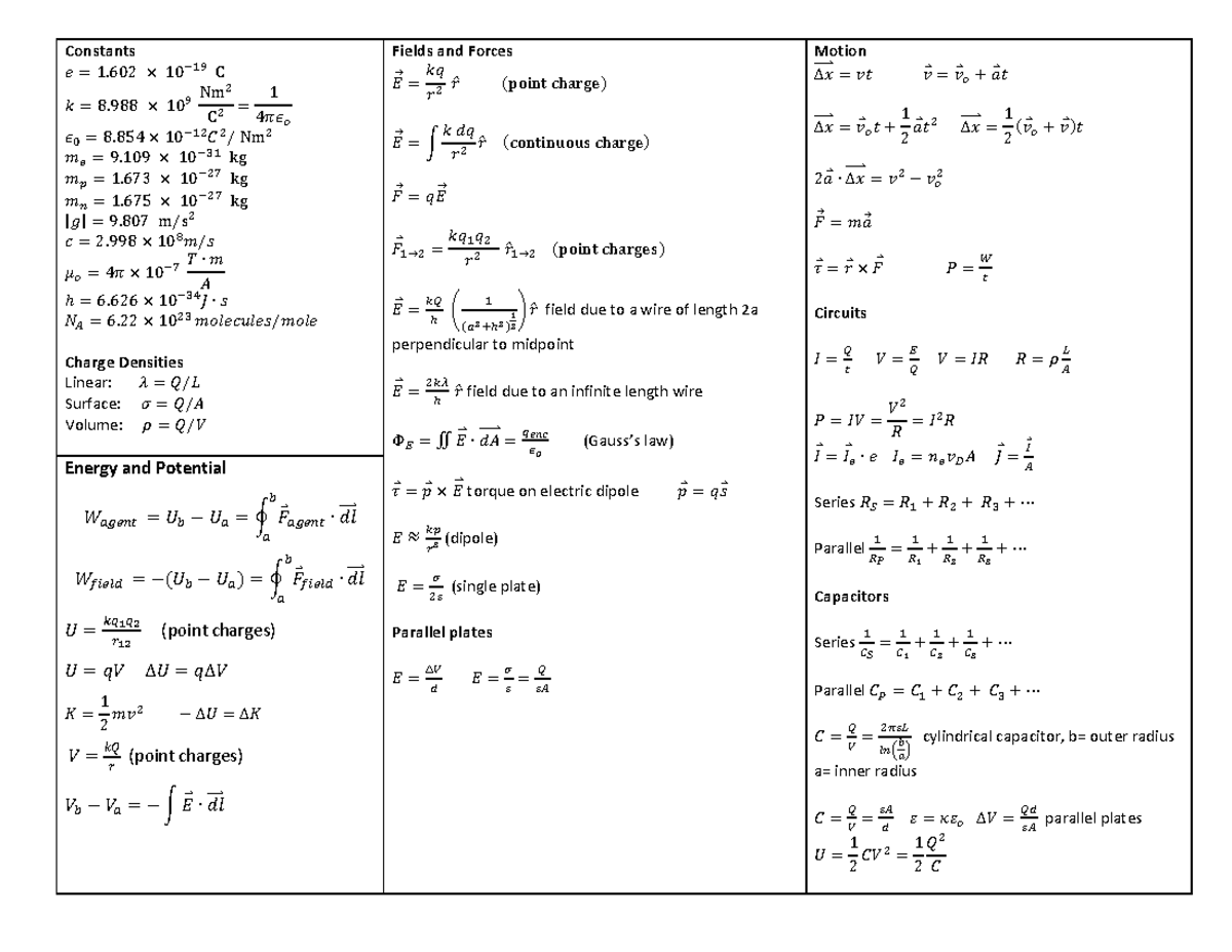 Formula Sheet PHYS 101: Constants, Fields, Forces & Circuits - Studocu