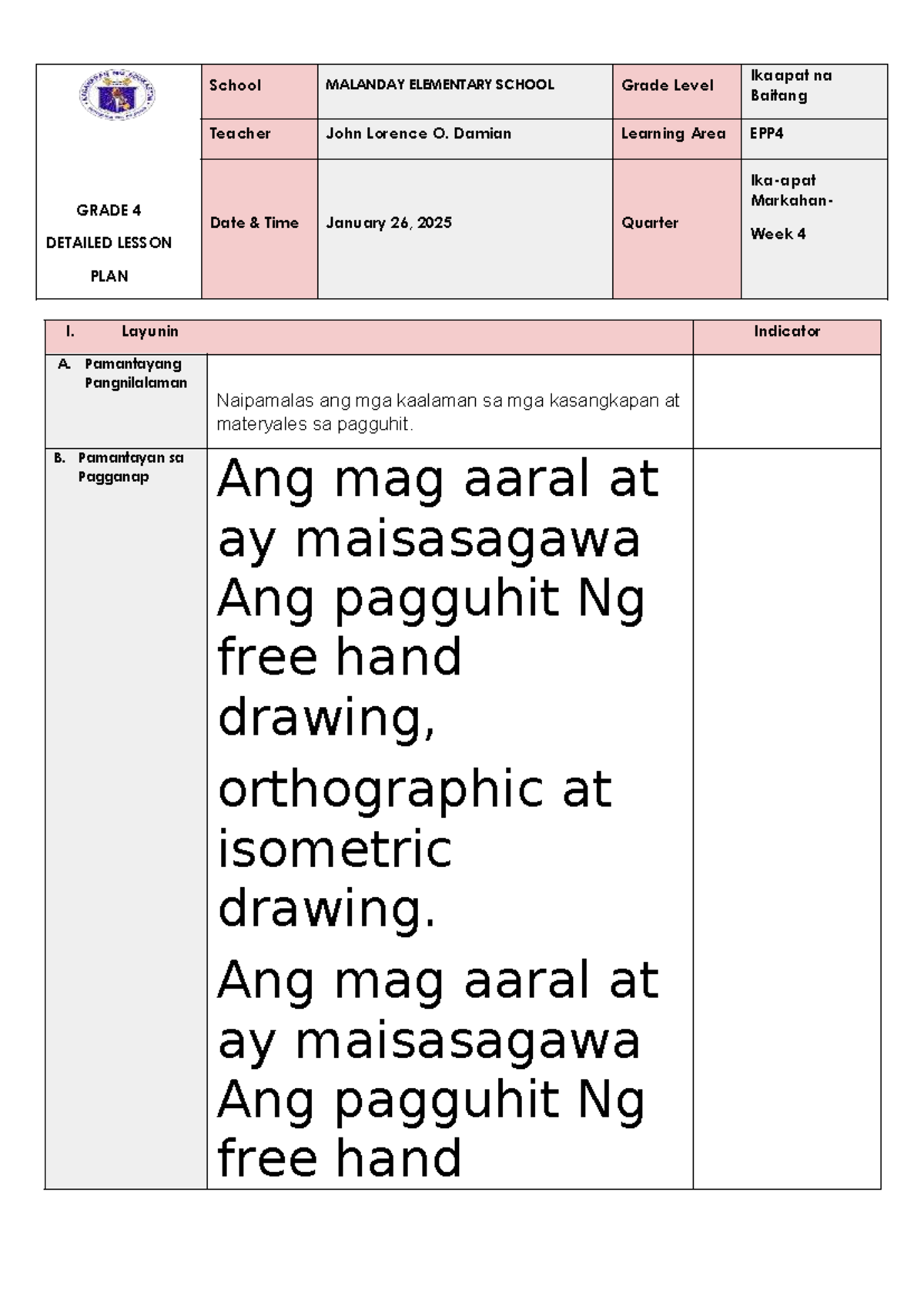 GRADE 4 EPP4 DETAILED LESSON ON DRAWING TOOLS AND MATERIALS - Studocu