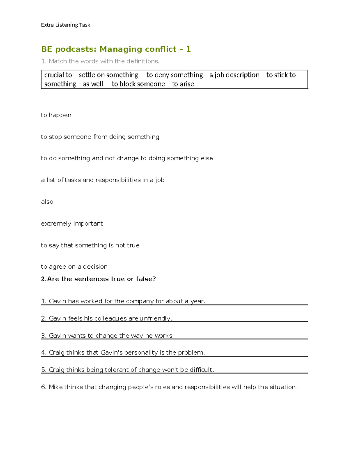 BE Podcasts Listening Extra Handout: Managing Conflict Task 1 - Studocu