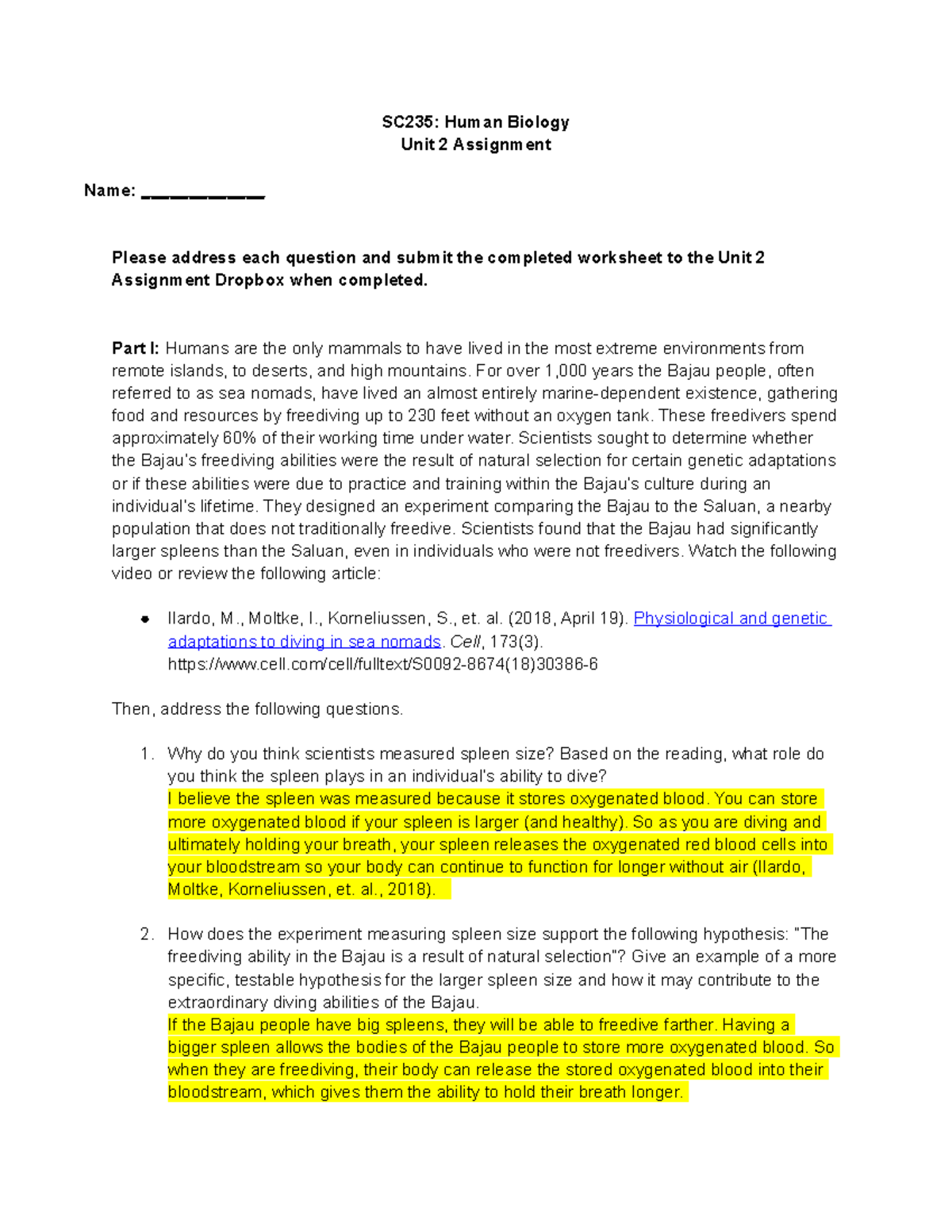 SC235 Unit 2 Assignment: Human Biology Insights & Adaptations - Studocu