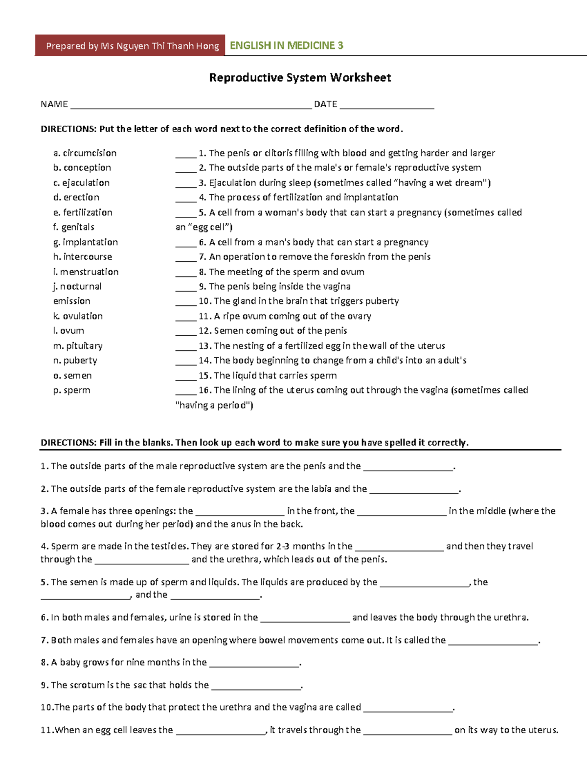 Reproductive System Worksheet - Prepared by Ms Nguyen Thi Thanh Hong ...