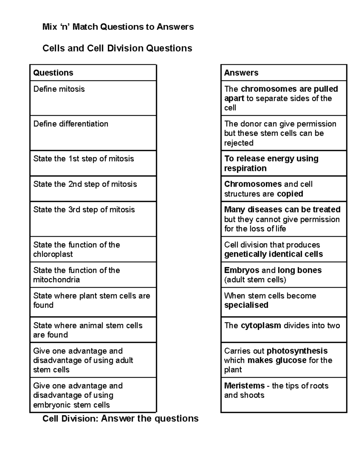 Cells Revision Q&A: Mitosis & Stem Cell Differentiation - Studocu