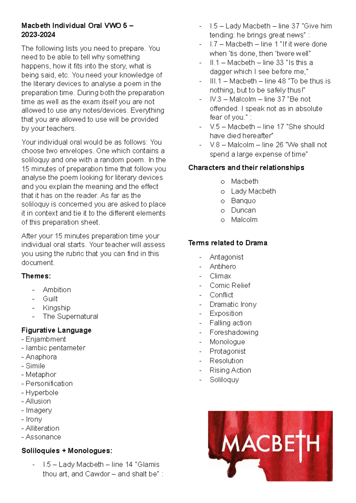 VWO 5 Macbeth Individual Oral Study Guide 2023-2024 - Studeersnel