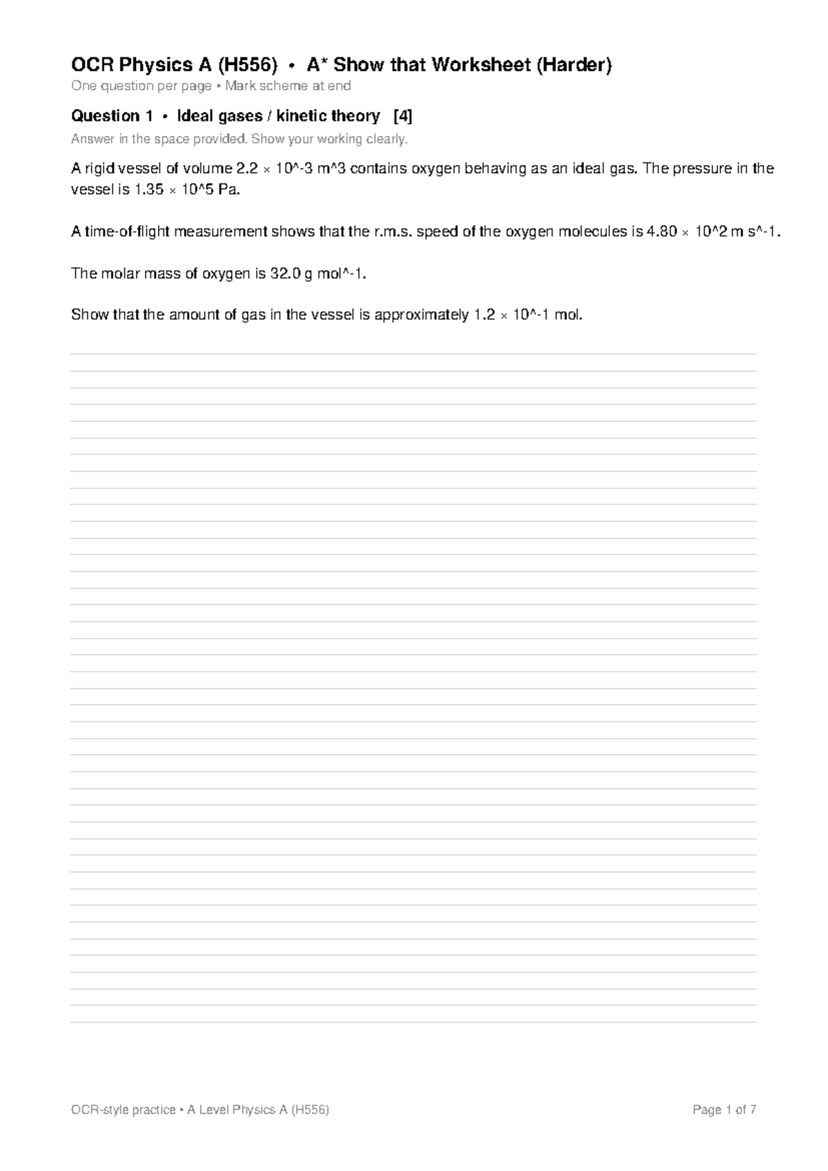 OCR Physics A (H556) Show That Worksheet (Harder) with Mark Scheme ...
