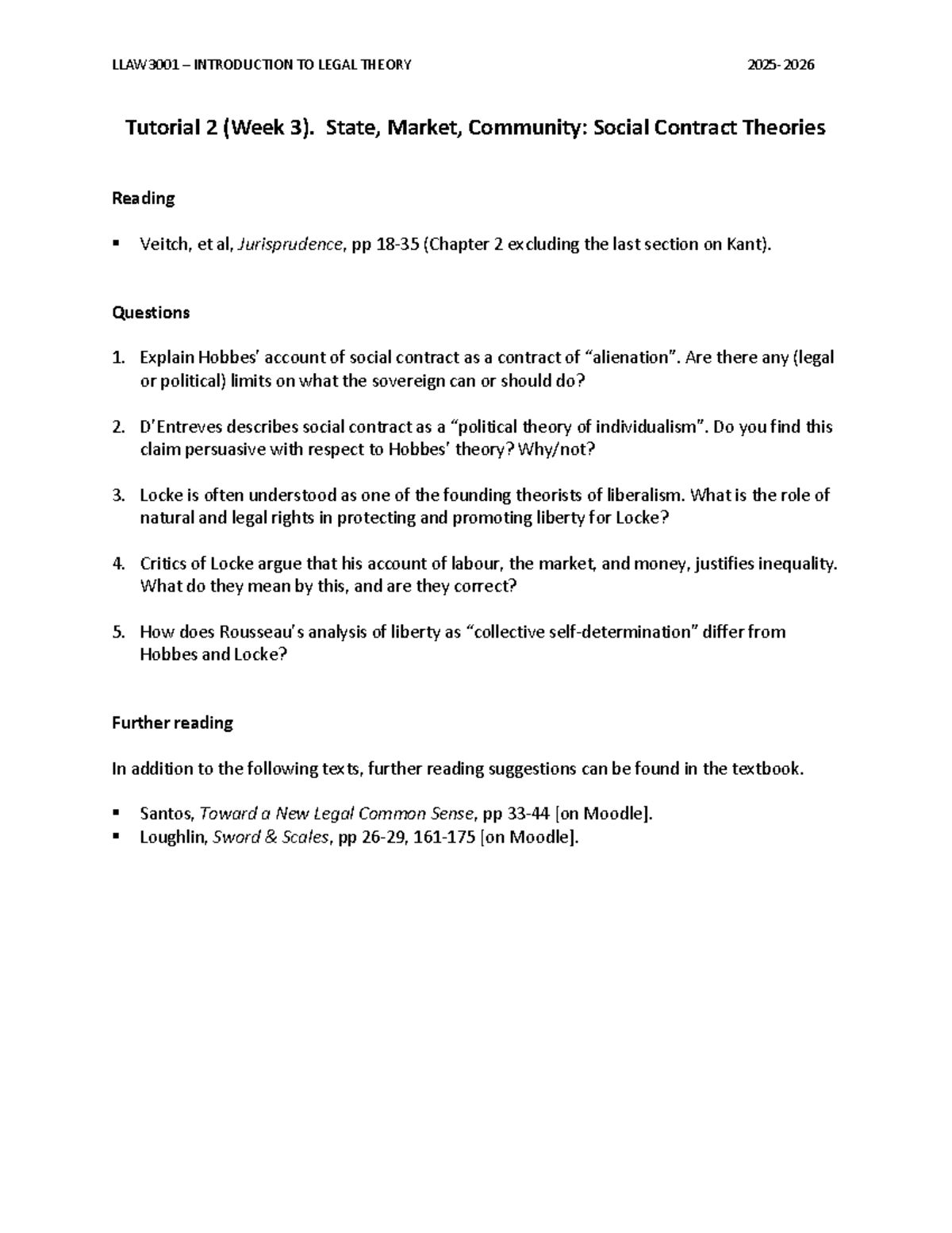 LLAW3001 INTRODUCTION TO LEGAL THEORY Tutorial 2: Social Contract ...