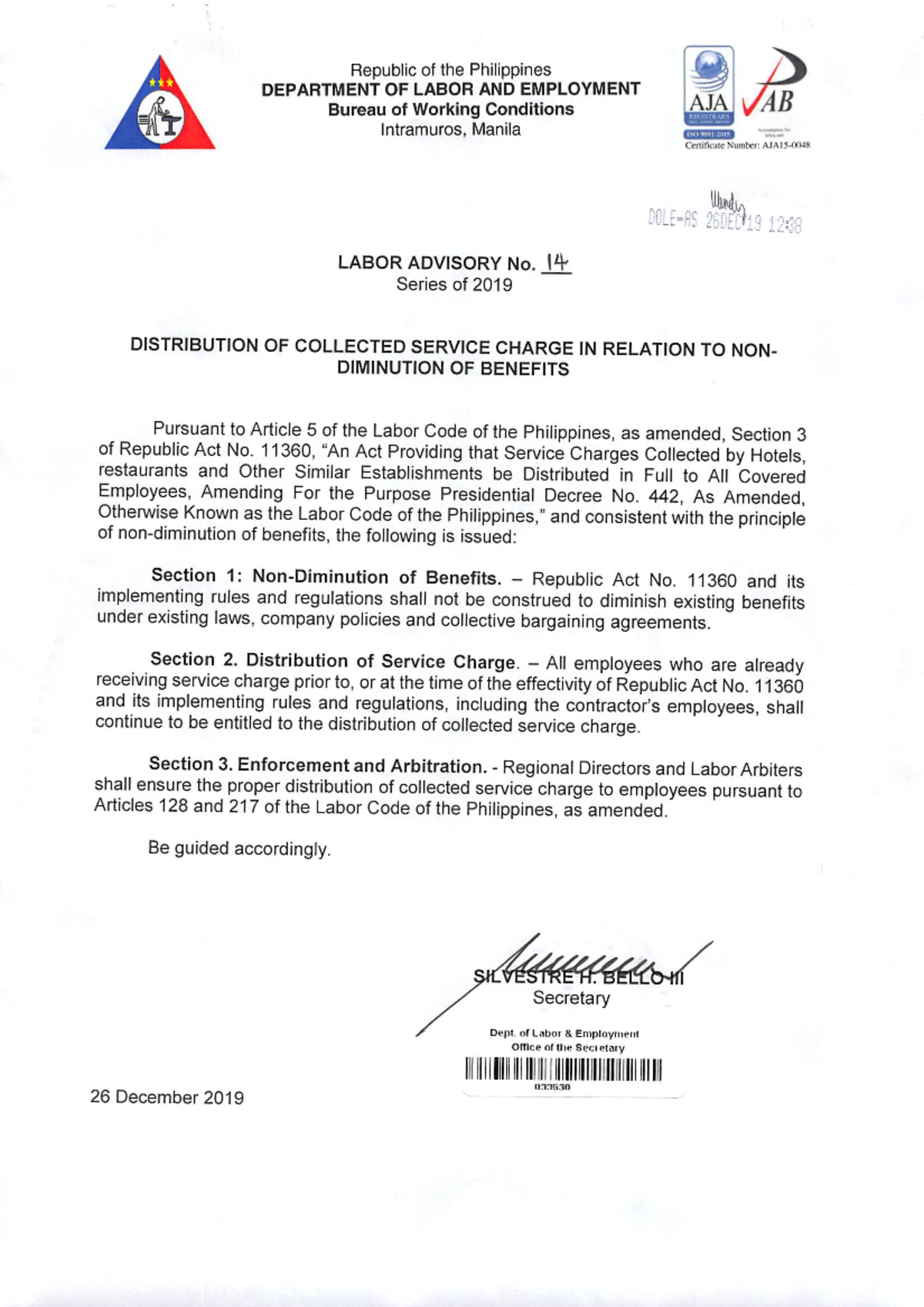 DOLE LA No. 14-19: Guidelines on Service Charge Distribution in Labor ...