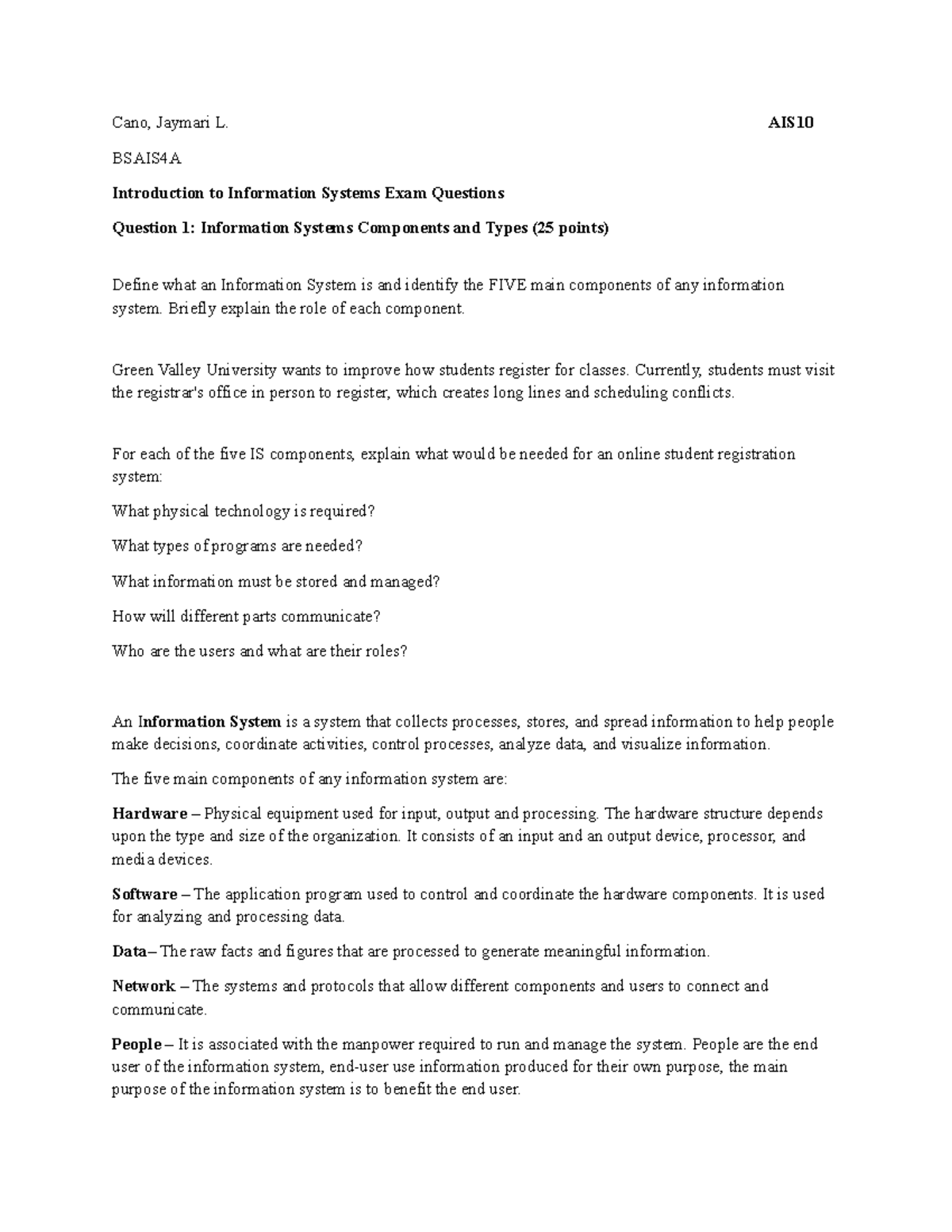 AIS10 BSAIS4A Final Exam: Information Systems Components & Types - Studocu
