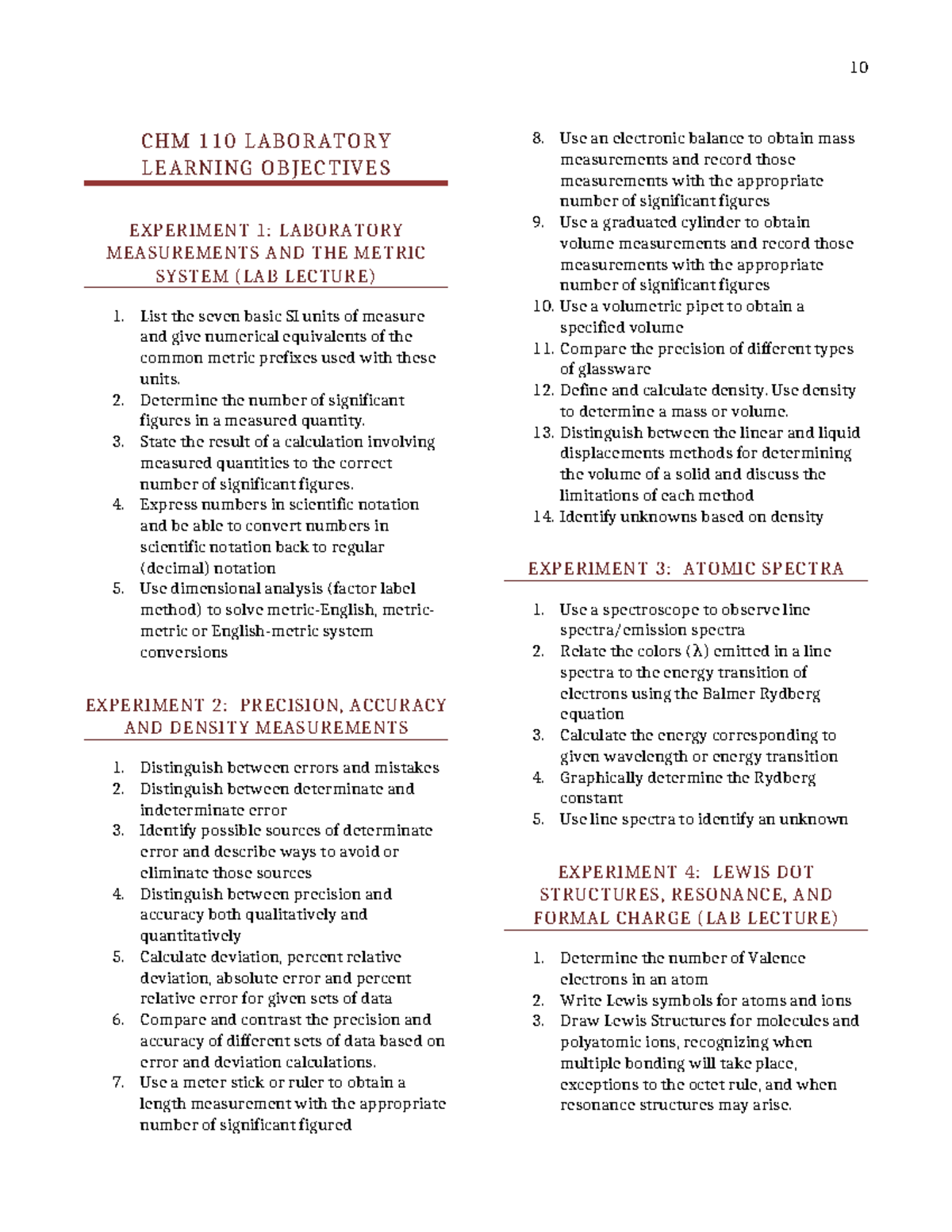 10 CHM 110 LAB: Learning Objectives for Experiments 1-8 - Studocu
