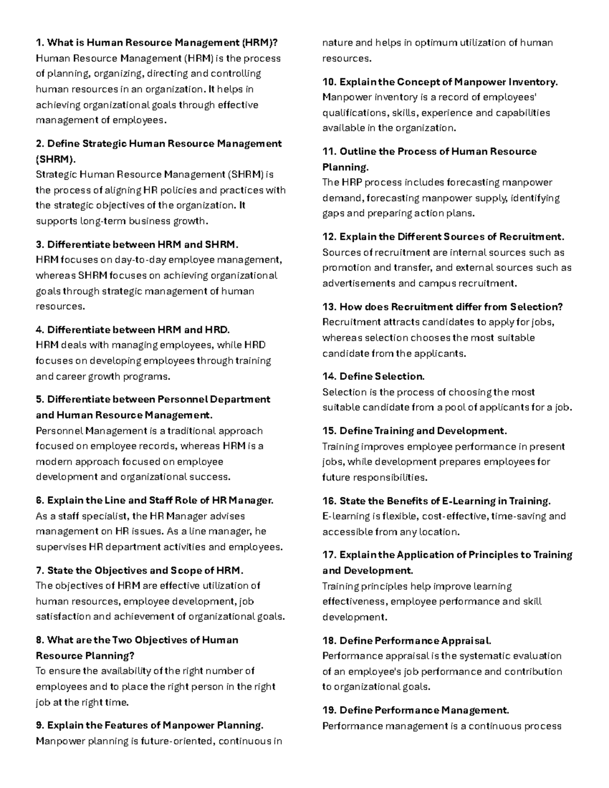 HRM 2 Marks Notes: Key Concepts in Human Resource Management - Studocu