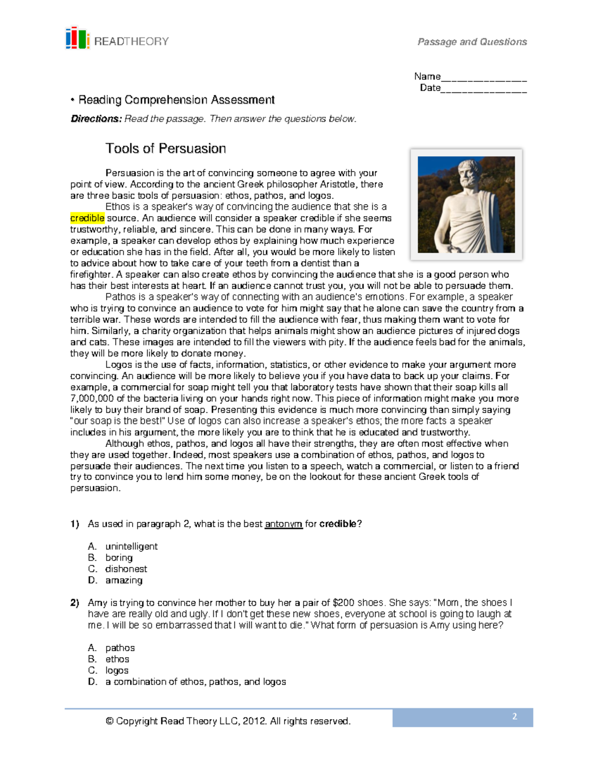 READTHEORY Passage & Questions: Tools of Persuasion Assessment - Studocu