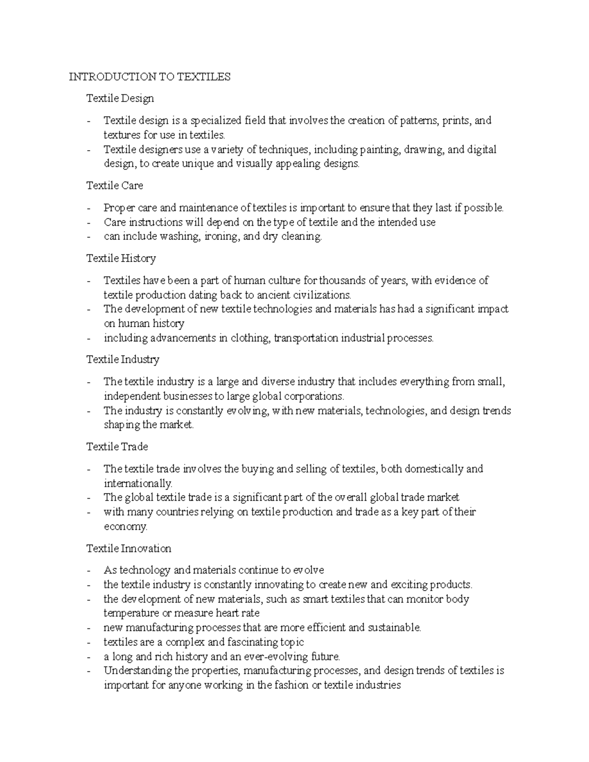 Introduction TO Textiles Notes 2 - INTRODUCTION TO TEXTILES Textile ...