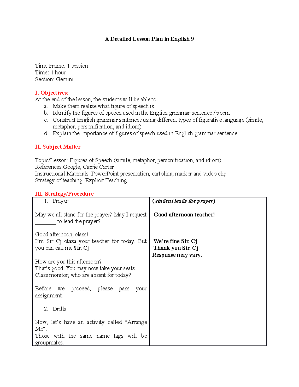 A Detailed Lesson Plan in English figure of speech - A Detailed Lesson ...