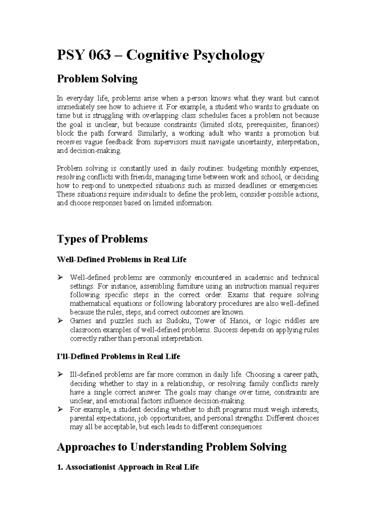 PSY 063 Cognitive Psychology: Understanding Problem Solving in Daily ...