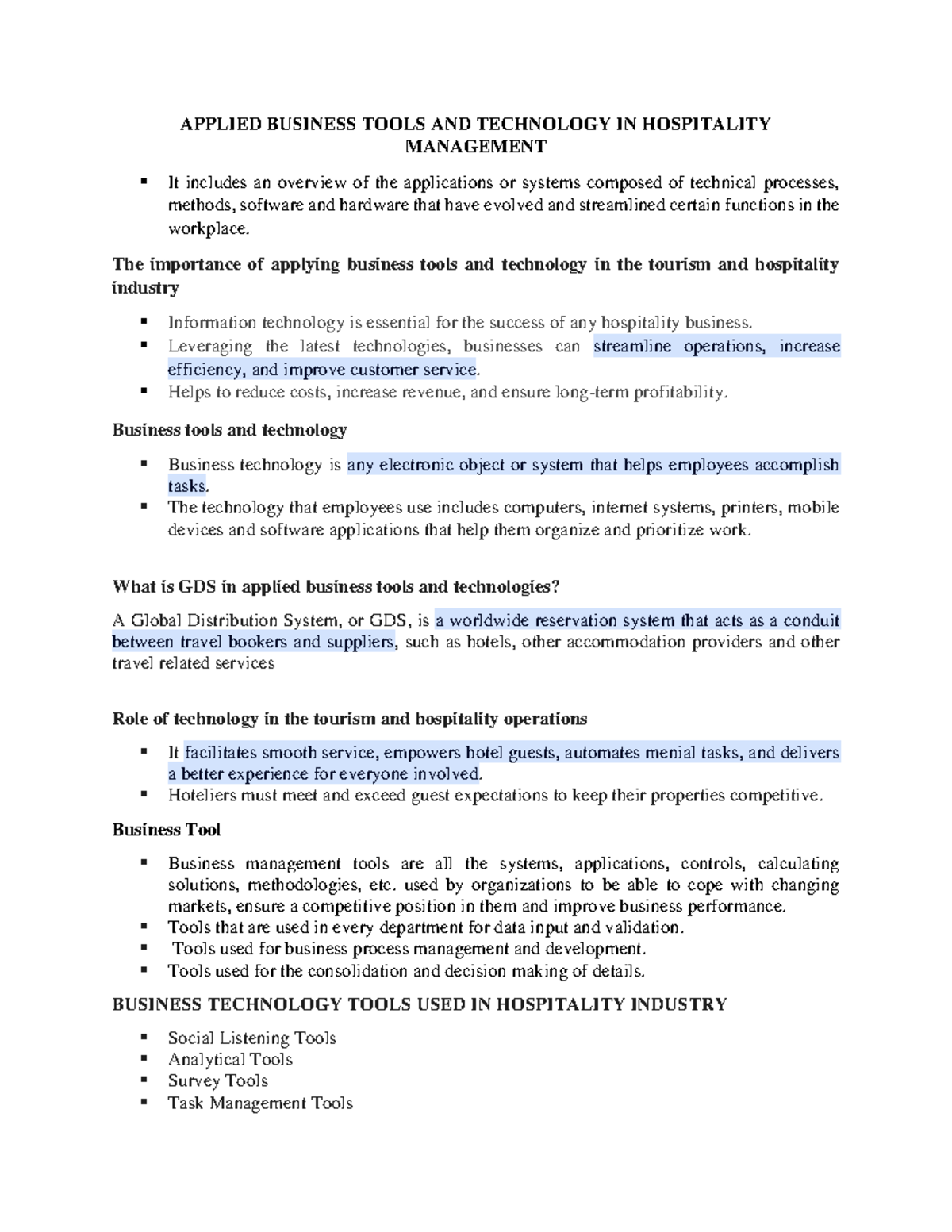Applied Business Tools & Technology in Hospitality Management - Studocu