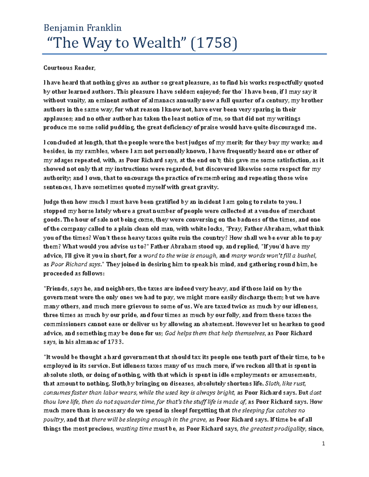 Poor Richard's Almanack (1758): Insights on Industry & Frugality - Studocu