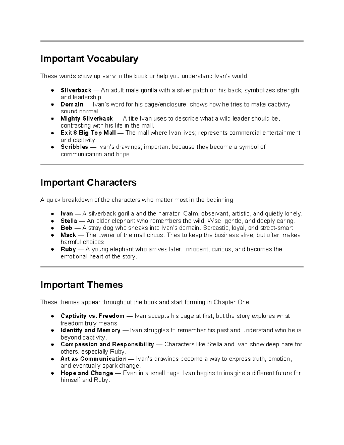 The One and Only Ivan: Key Vocabulary and Themes (Chapter 1) - Studocu