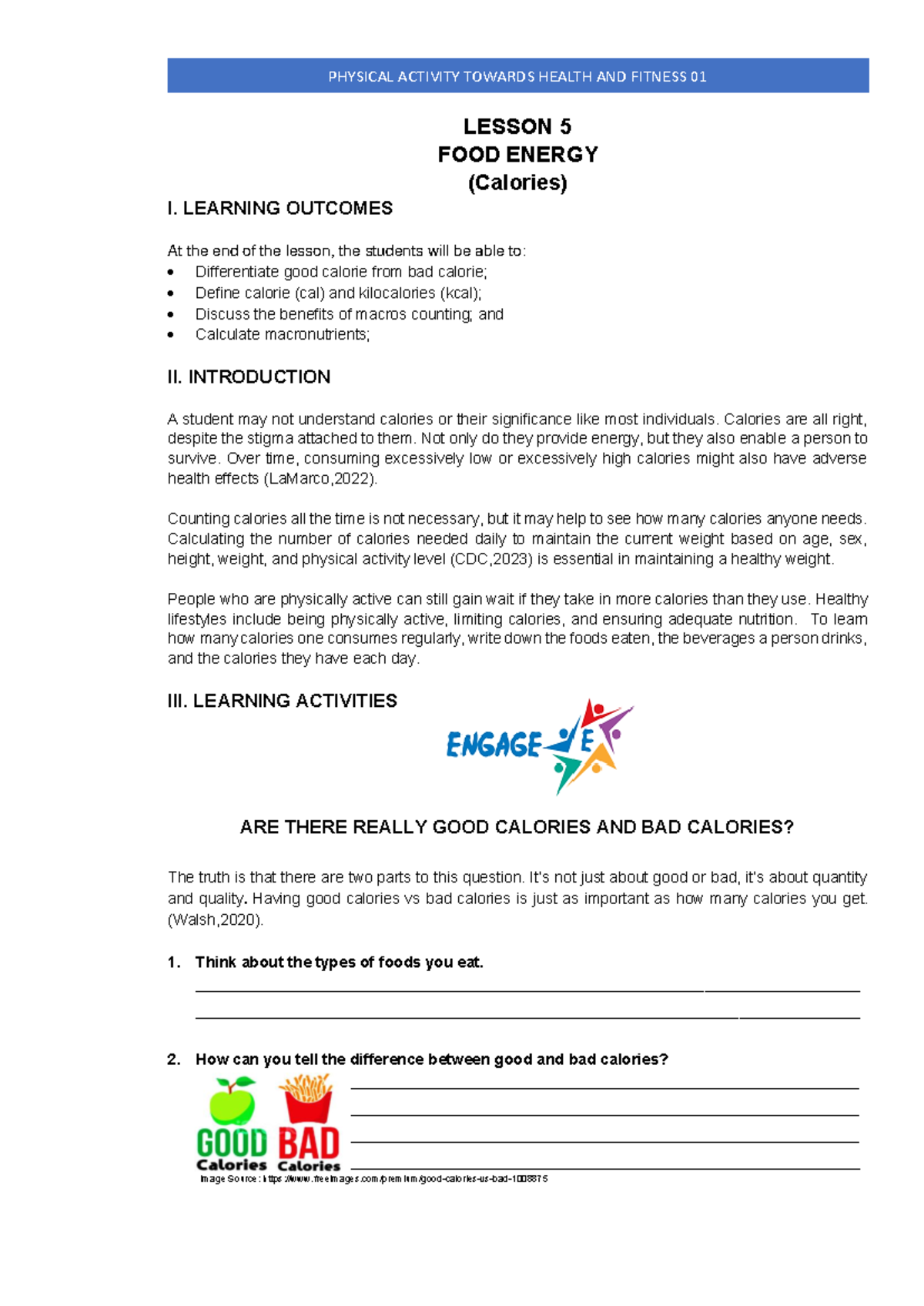 UNIT 2 Lesson 5 - this might help - LESSON 5 FOOD ENERGY (Calories) I ...