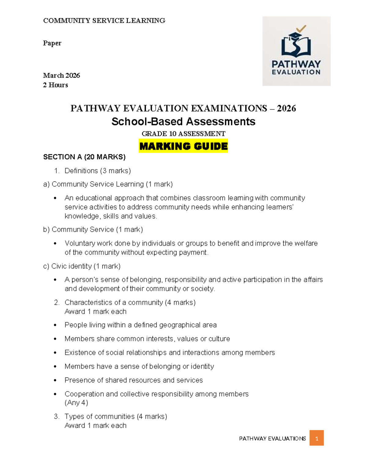 Grade 10 Community Service Learning (CSL) Exam Marking Scheme - March ...