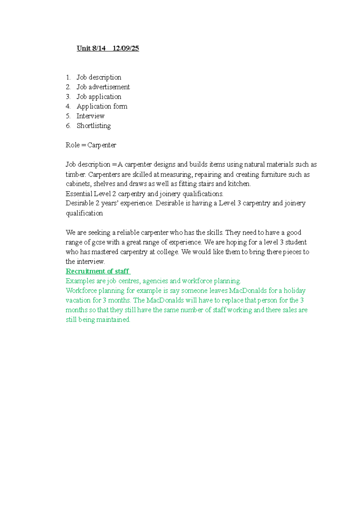 Unit 8: Job Description & Recruitment for Carpenters - Studocu