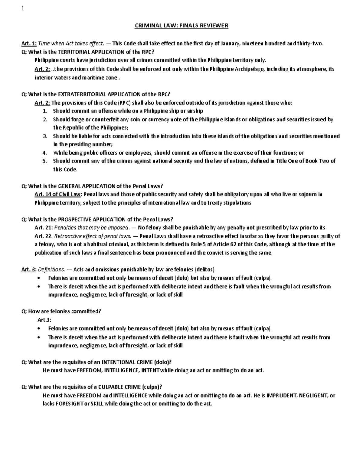 369246643 RPC Finals Reviewer - CRIMINAL LAW: FINALS REVIEWER Art. 1 ...
