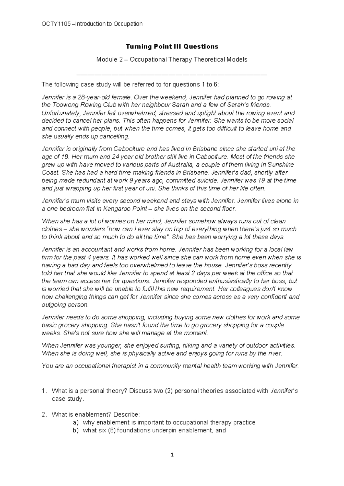 OCTY1105 Turning Point II Case Study Questions on Occupational Therapy ...