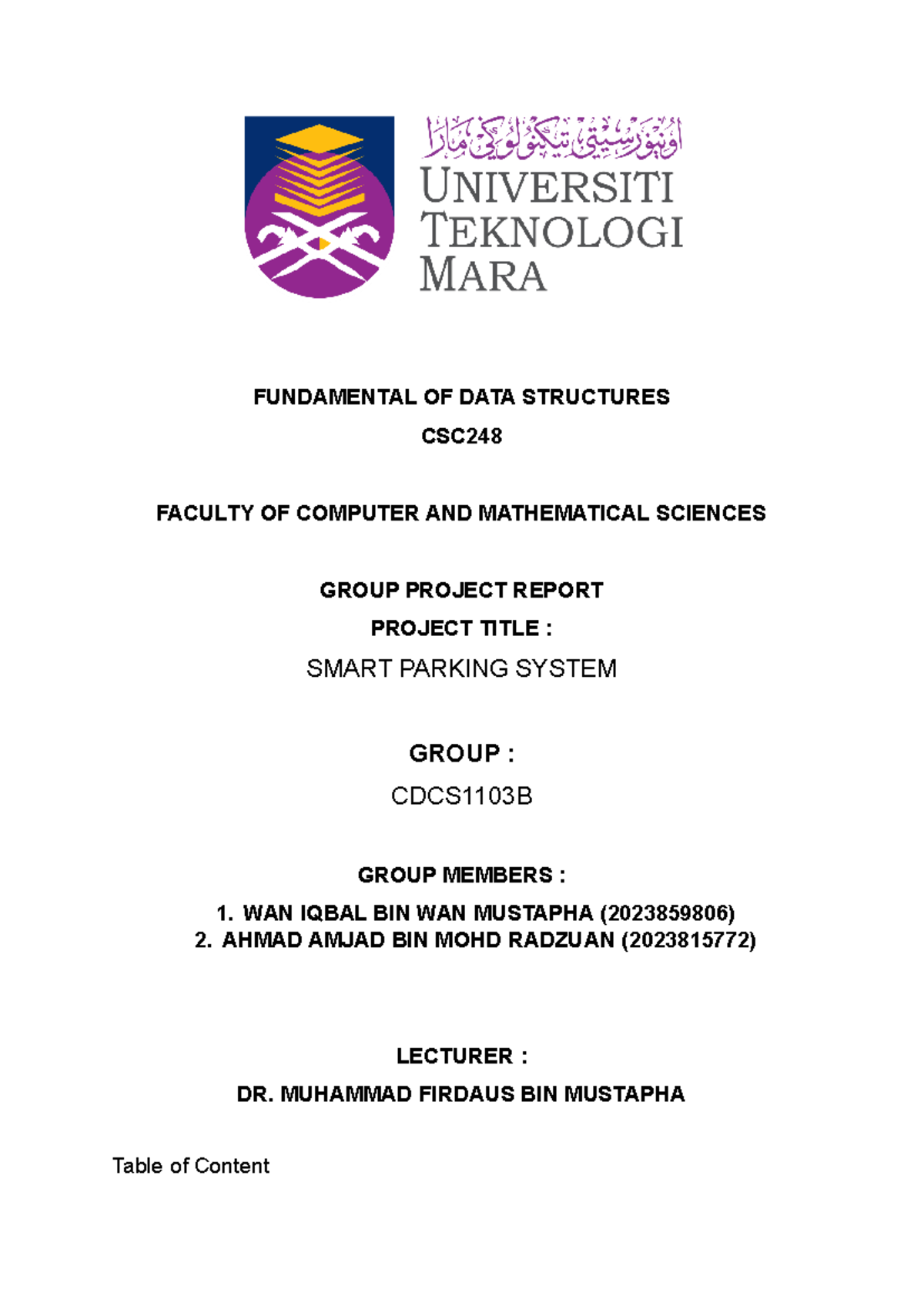 Report CSC248 Smart Parking System - FUNDAMENTAL OF DATA STRUCTURES CSC ...