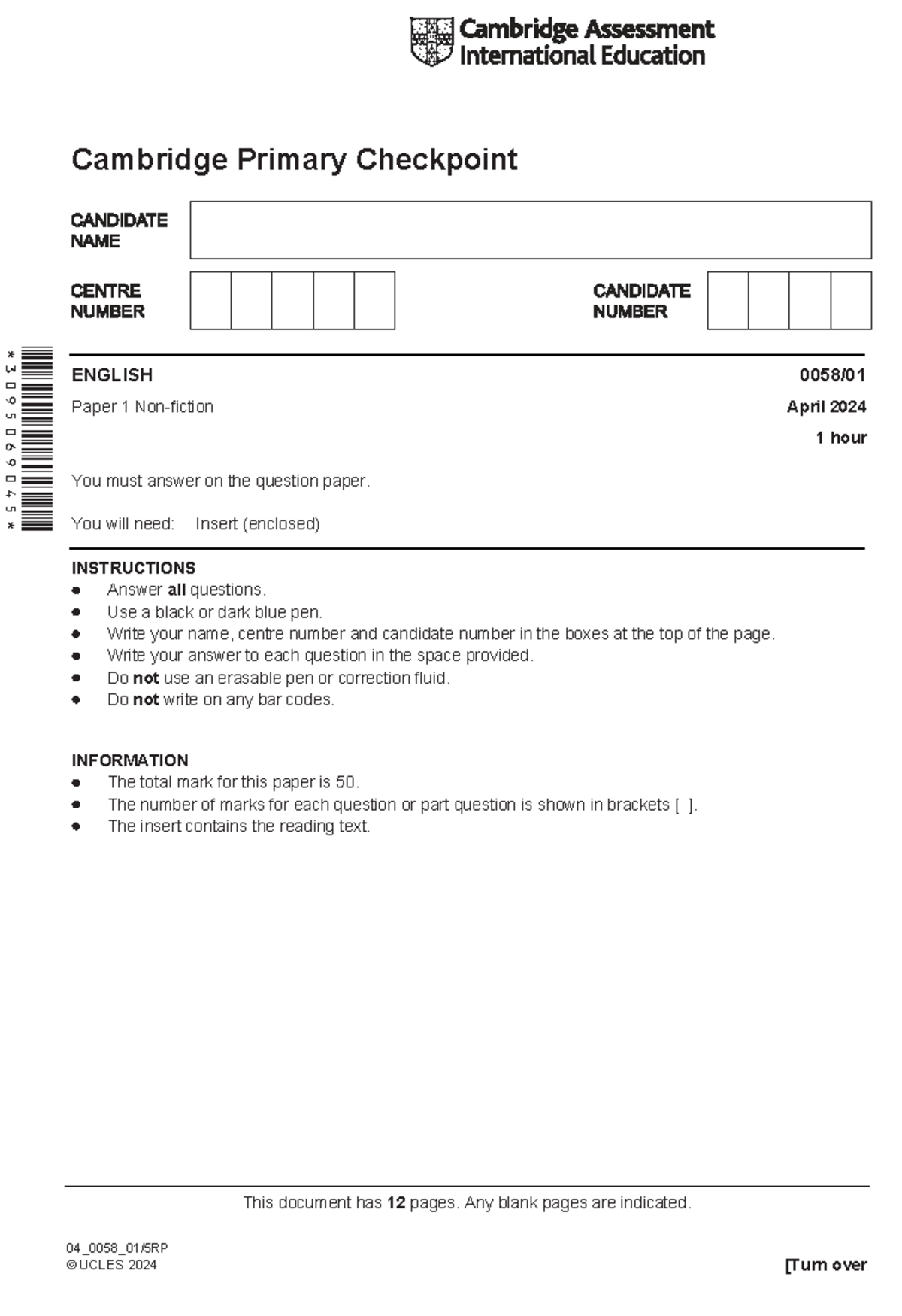 Cambridge Primary Checkpoint ENGLISH Paper 1 April 2024 - 1 Hour Exam ...