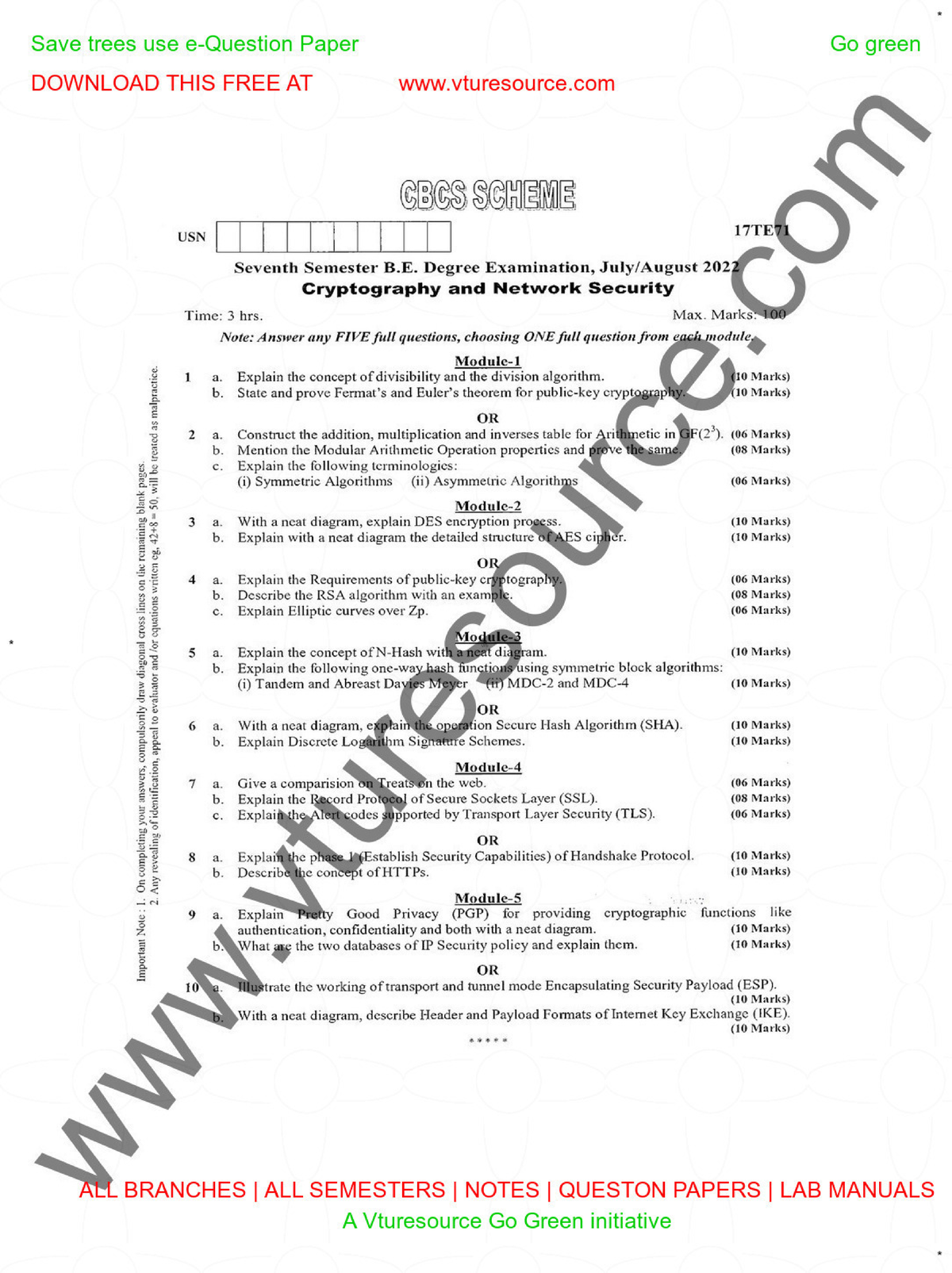 CNS 7th Sem B.E. Model Paper: Cryptography & Network Security Exam 2022 ...
