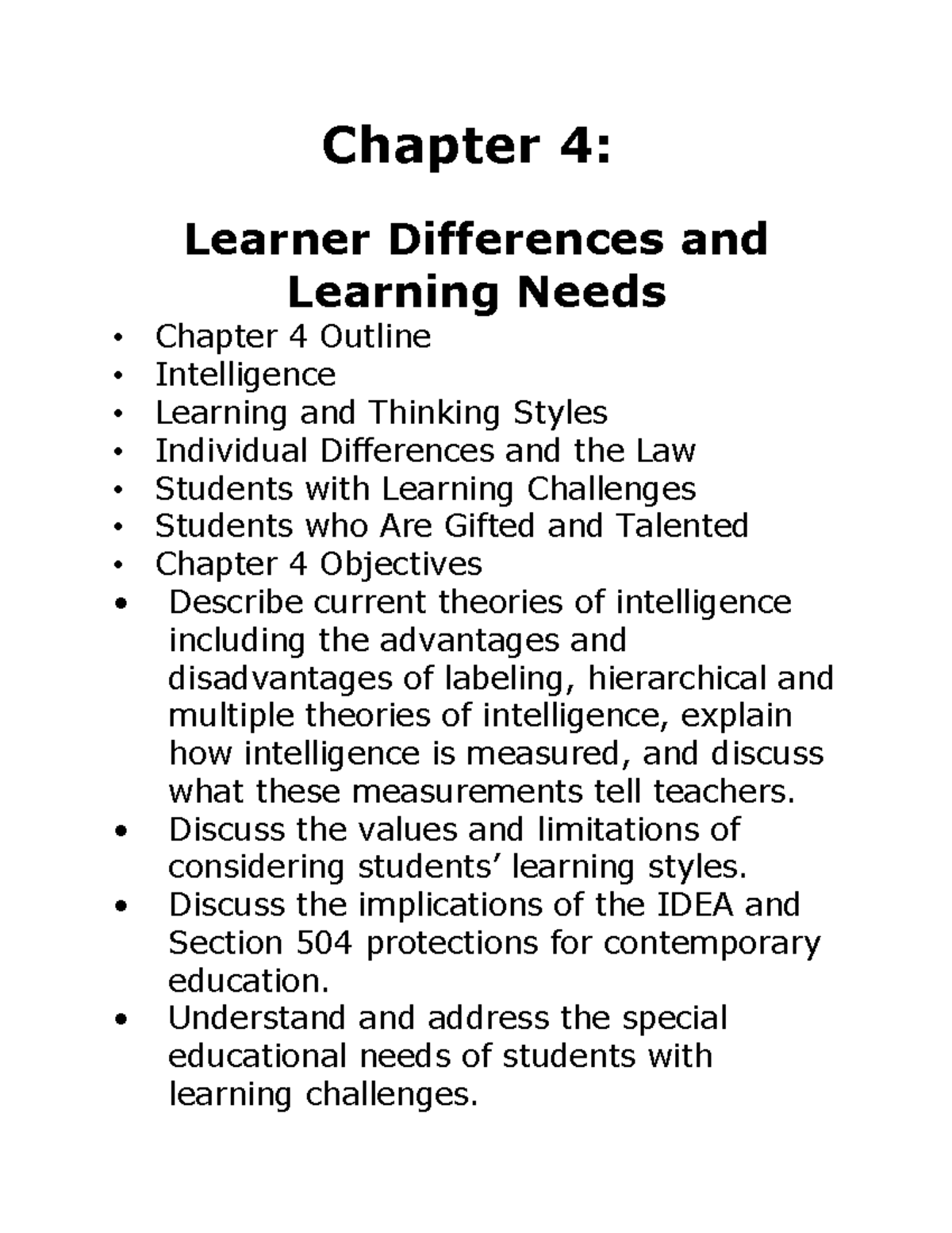 Chapter 4 - Understanding Learner Differences and Needs in Education - Studocu