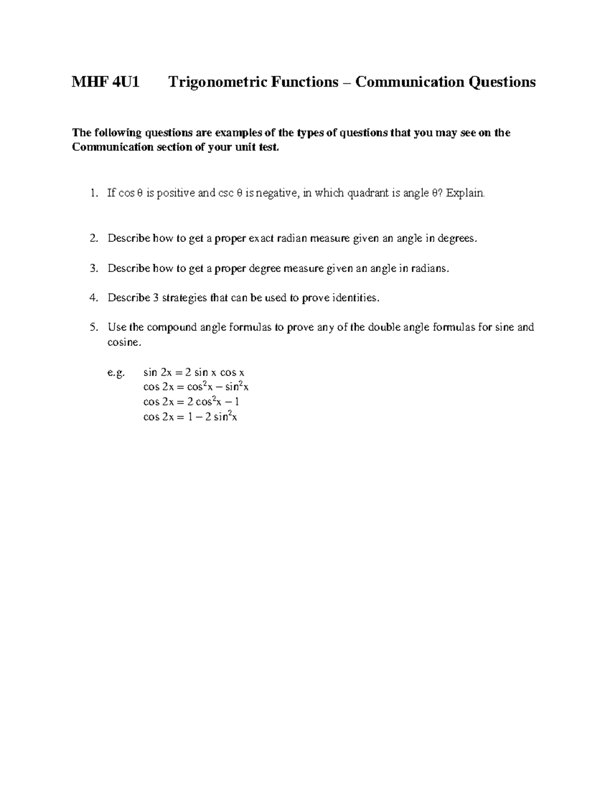 Trigonometry Communication Questions - MHF 4U1 Trigonometric Functions ...