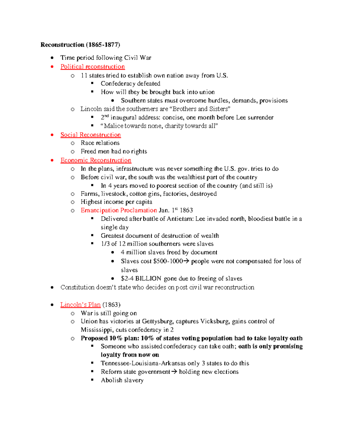 HY 104 Lecture Notes: Reconstruction Era (1865-1877) Overview - Studocu