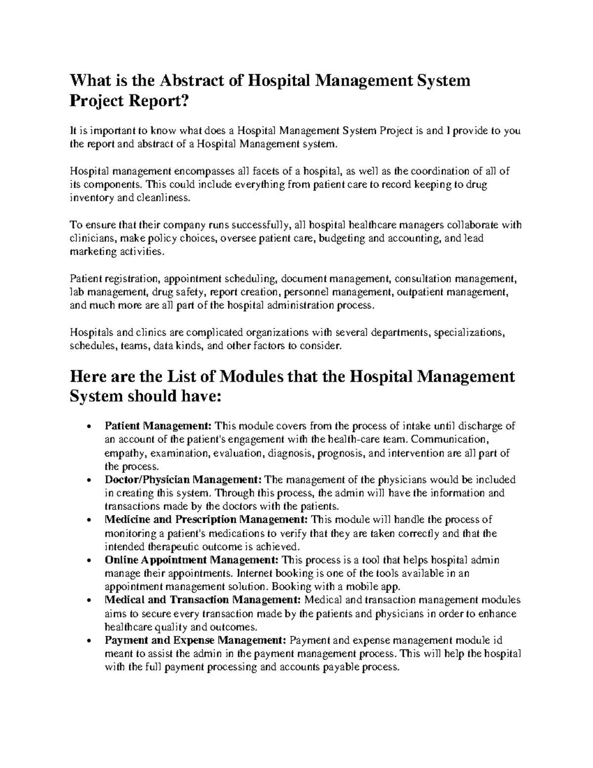 Hospital Management System Project Report: Overview & Modules - Studocu