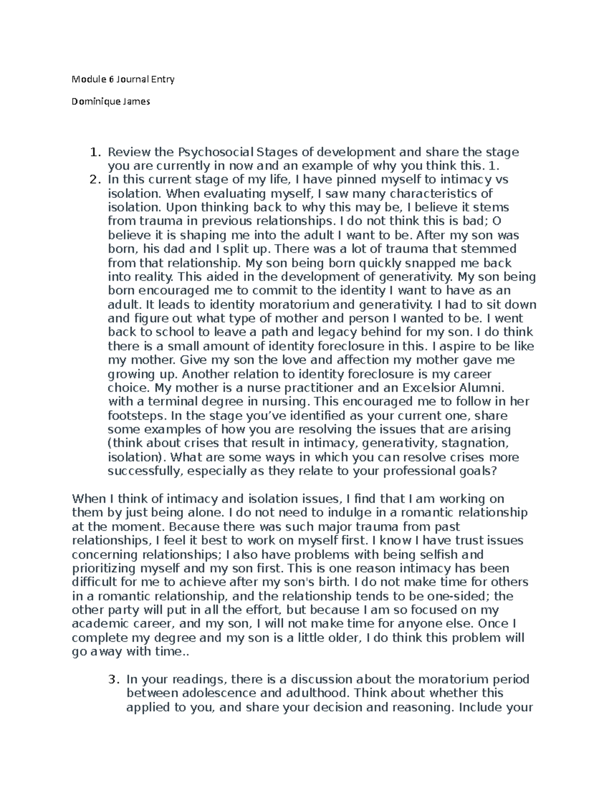 Module 6 Journal Entry - Reflections on Psychosocial Development - Studocu