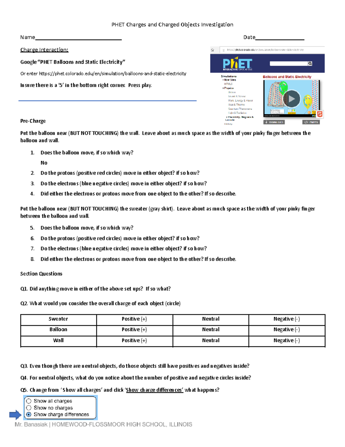 PHET Simulation Guide: Charging & Charged Objects Study (PHET-001 ...