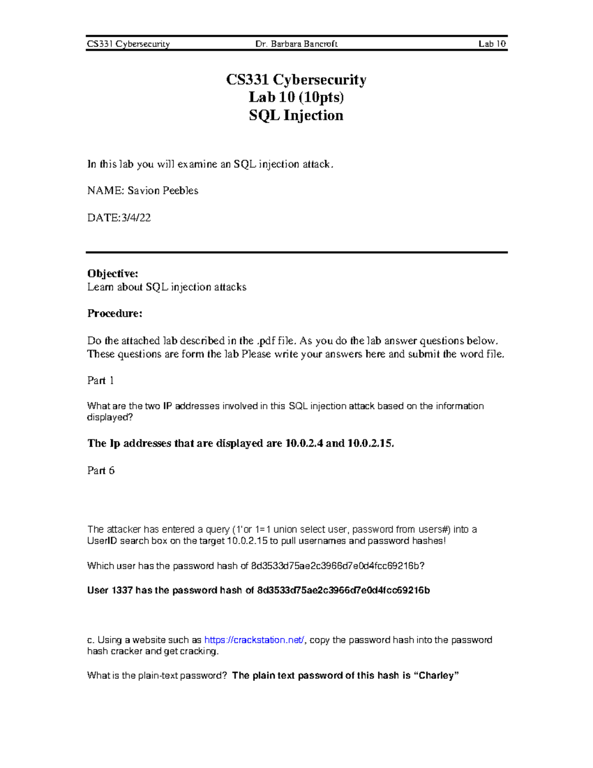 Lab10 SQL Injectionattack Finished - CS331 Cybersecurity Dr. Barbara Bancroft Lab 10 CS331 - Studocu