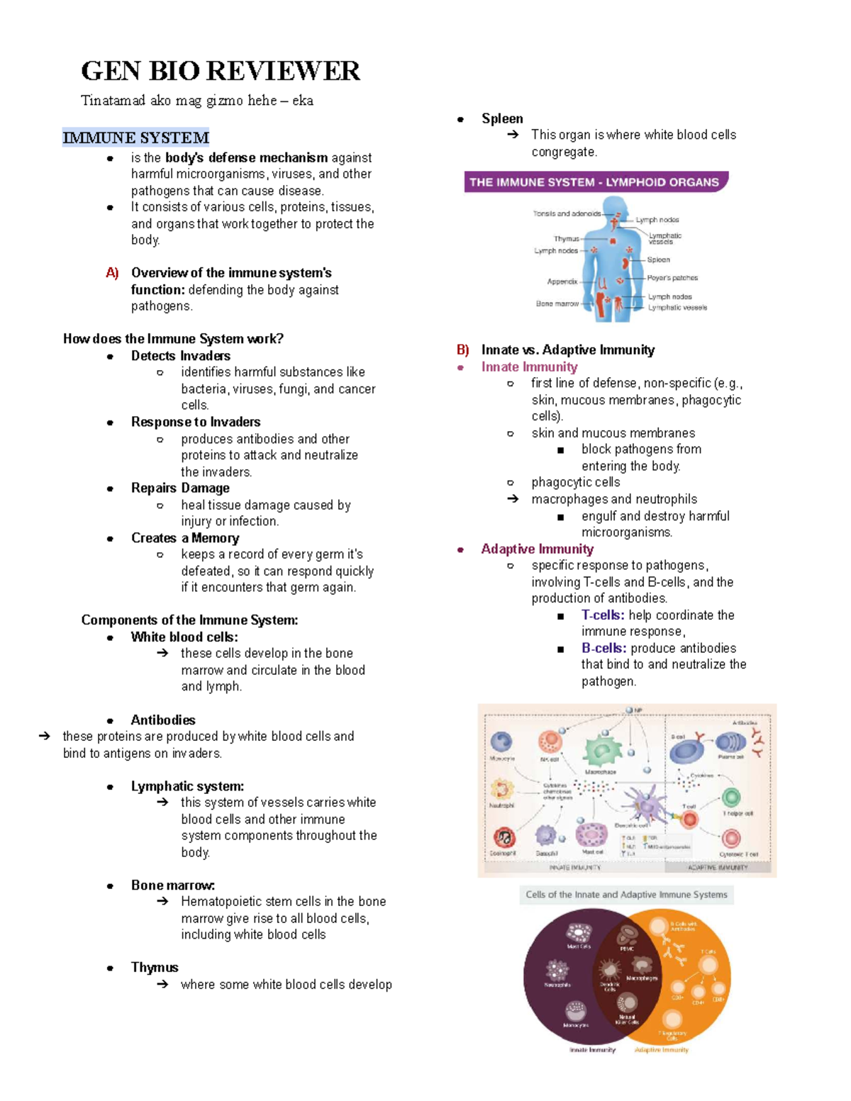 GEN BIO 2 Final Exam Reviewer: Immune & Nervous Systems - Studocu