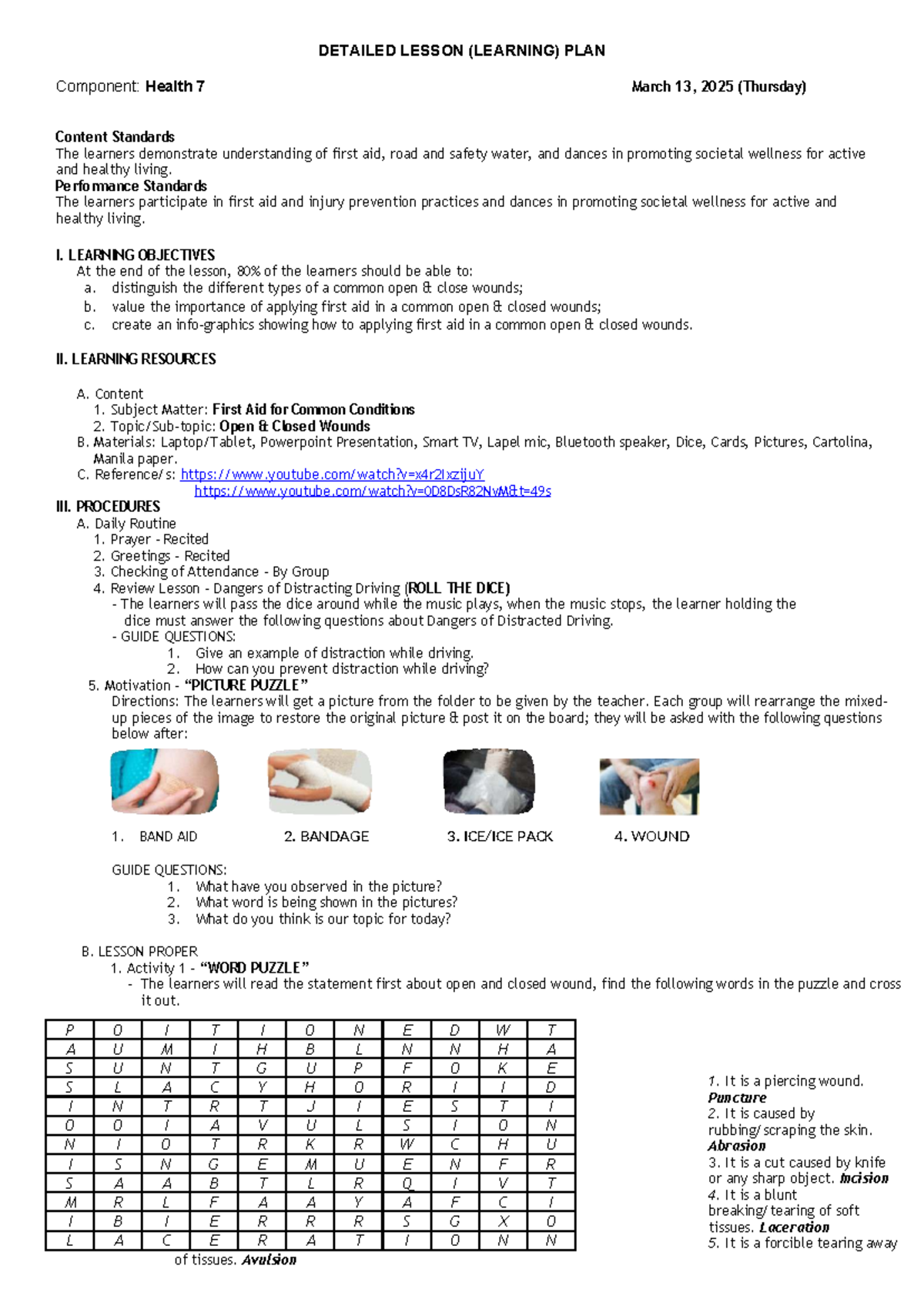 Health 7 Lesson Plan: First Aid for Open & Closed Wounds - Studocu