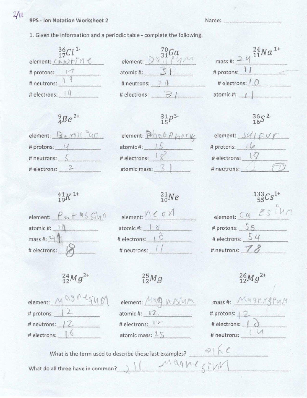 9PS - Ion Notation Worksheet 2: Atomic Structure Practice - Studocu