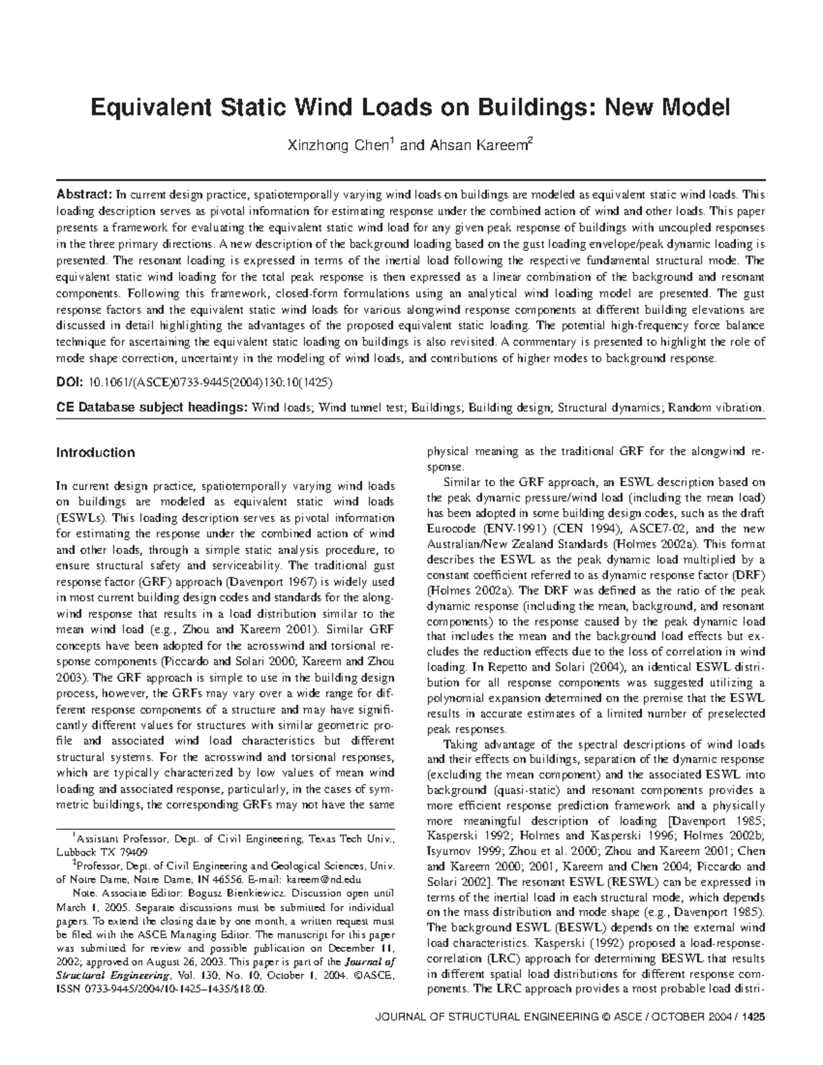 Equivalent Static Wind Loads on Buildings: A New Analytical Model - Studocu