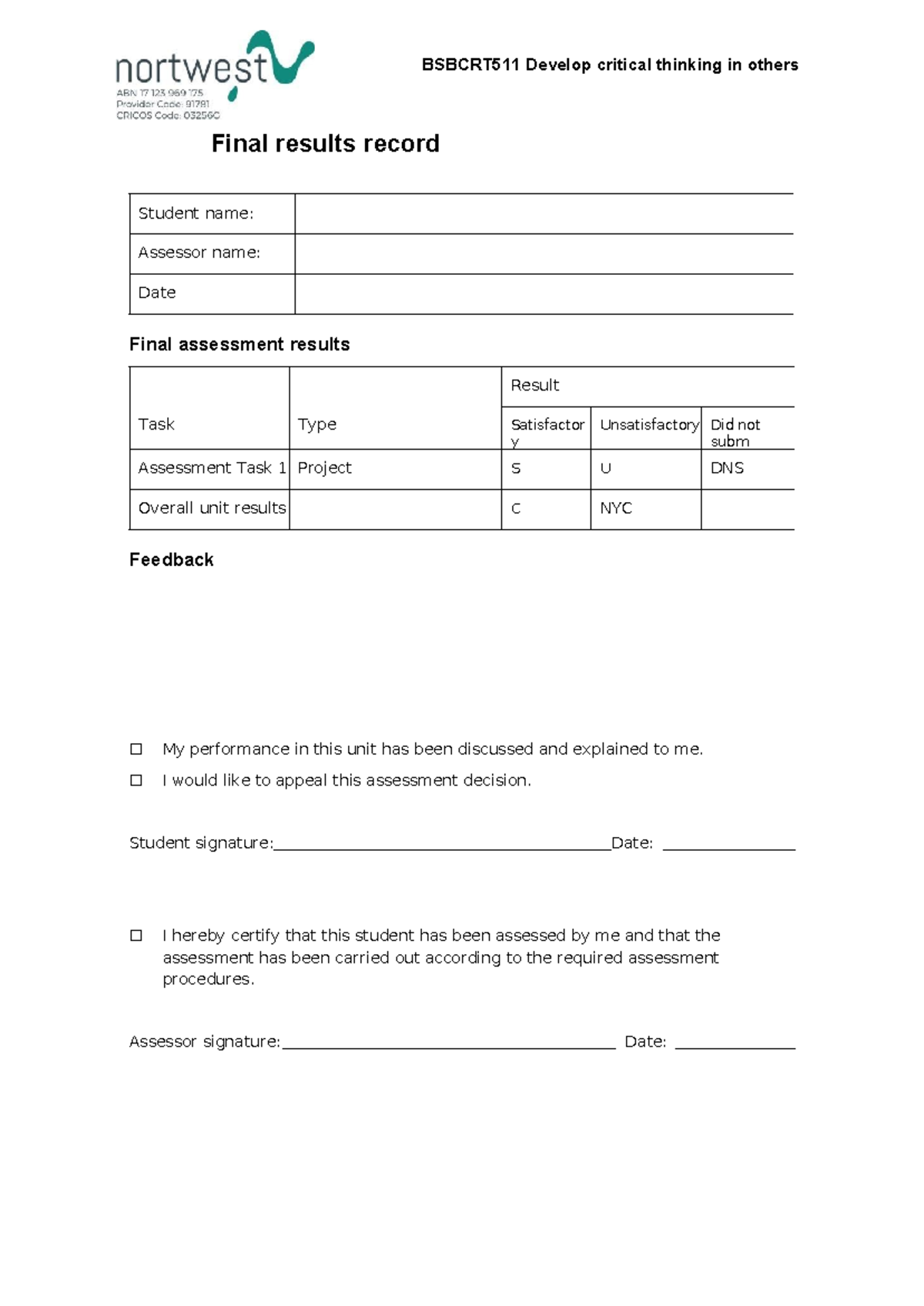 BSBCRT511 Final Assessment Results Record for Critical Thinking ...