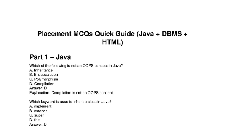 Placement MCQs Quick Guide (Java DBMS HTML) Part 1-3 - Studocu