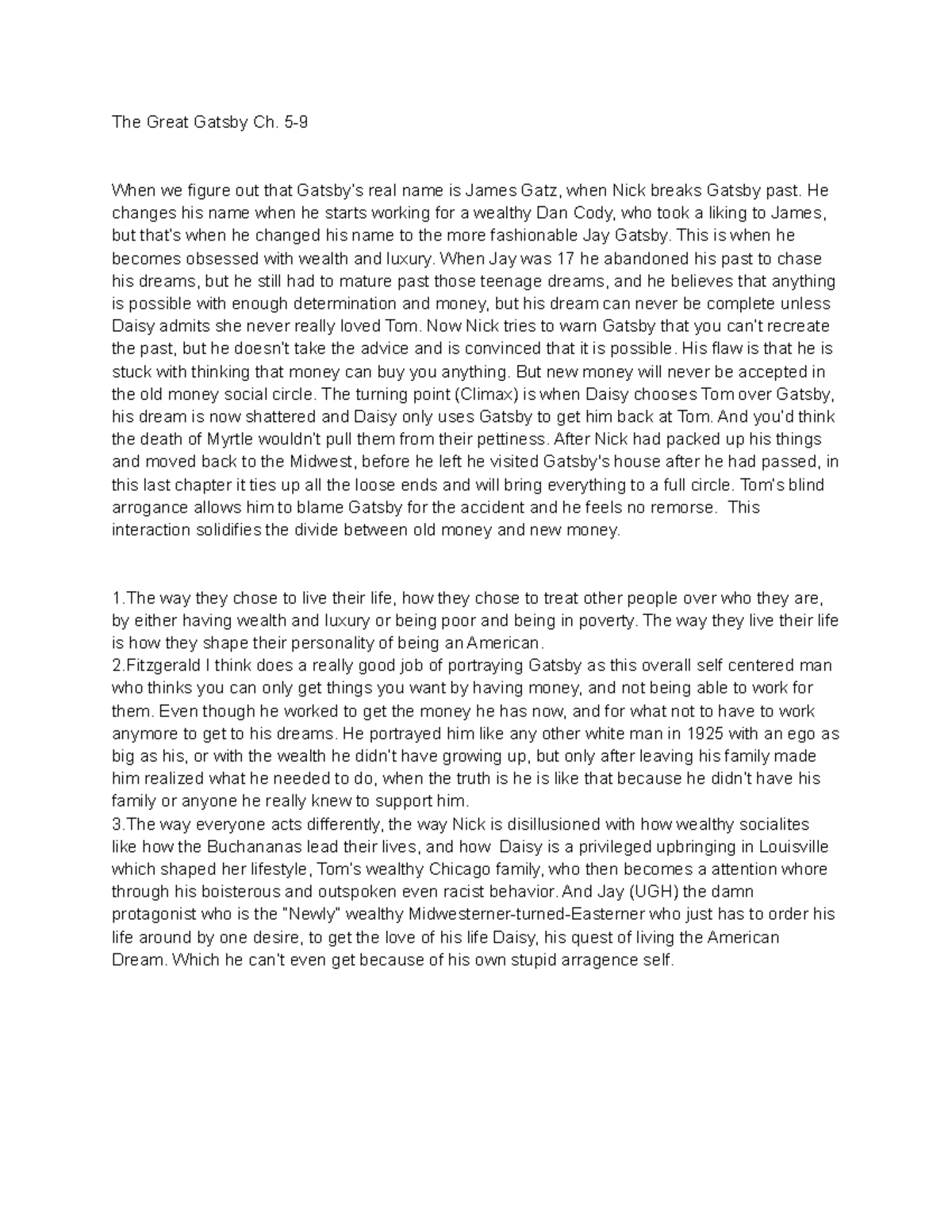RR #5 - reading response on The Great Gatsby - The Great Gatsby Ch. 5 ...