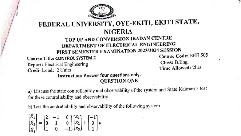 Control System 2 Exam (505) - First Semester 2025 - Studocu