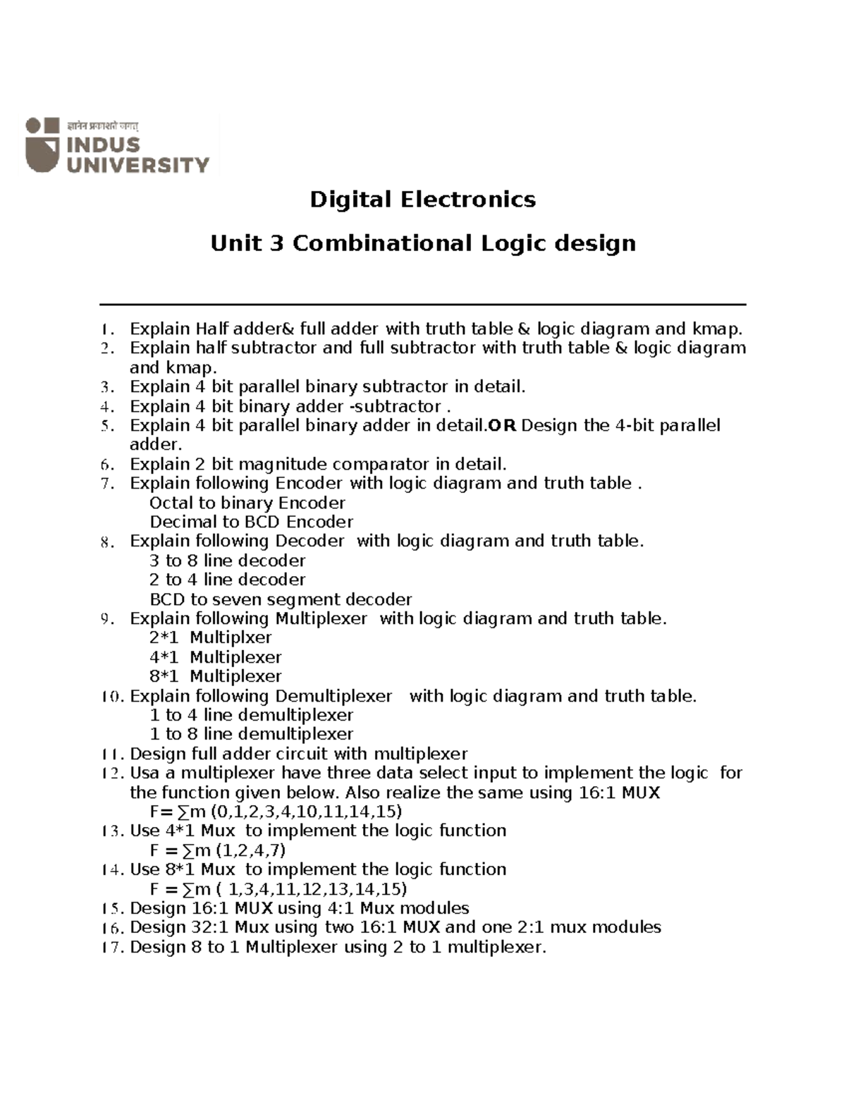 UNIT 3 combinational logic - Digital Electronics Unit 3 Combinational Logic design Explain Half ...