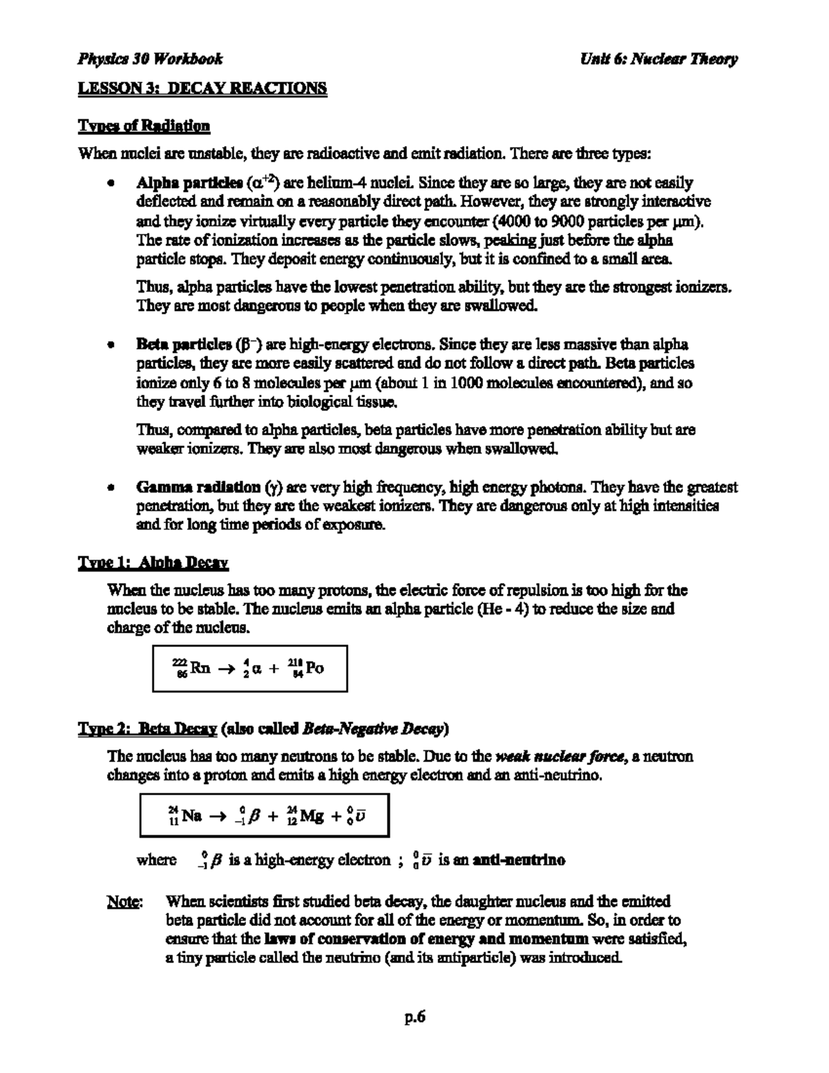 Physics 30 Workbook Unit 6: Nuclear Theory Lesson 3 - Decay Reactions ...