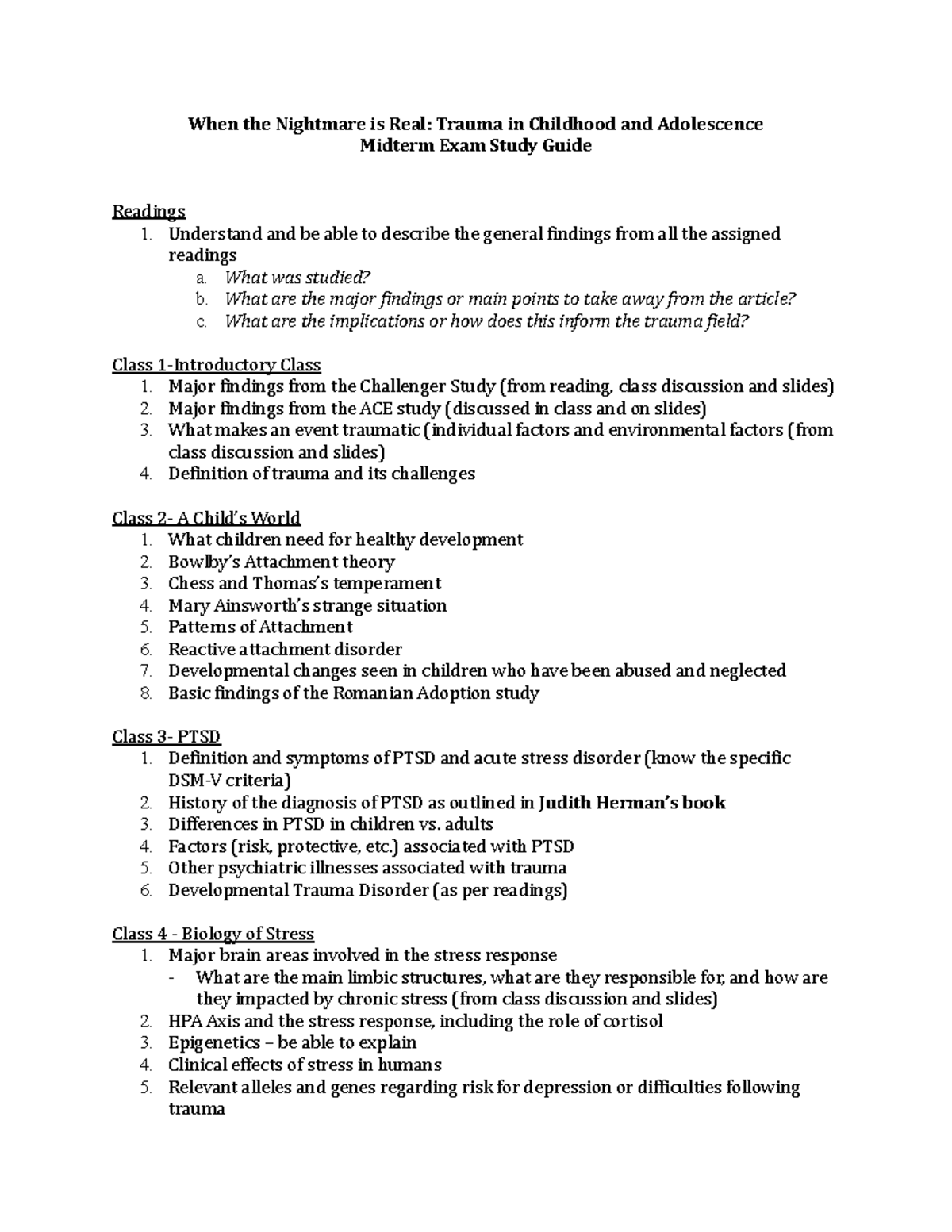 Midterm Exam Study Guide cams - When the Nightmare is Real: Trauma in ...