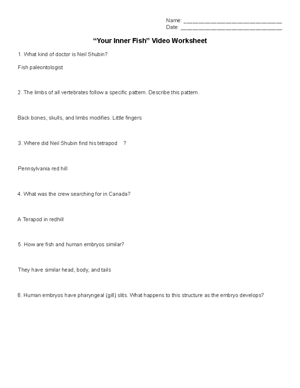 Your Inner Fish Video Worksheet Questions & Answers - Studocu