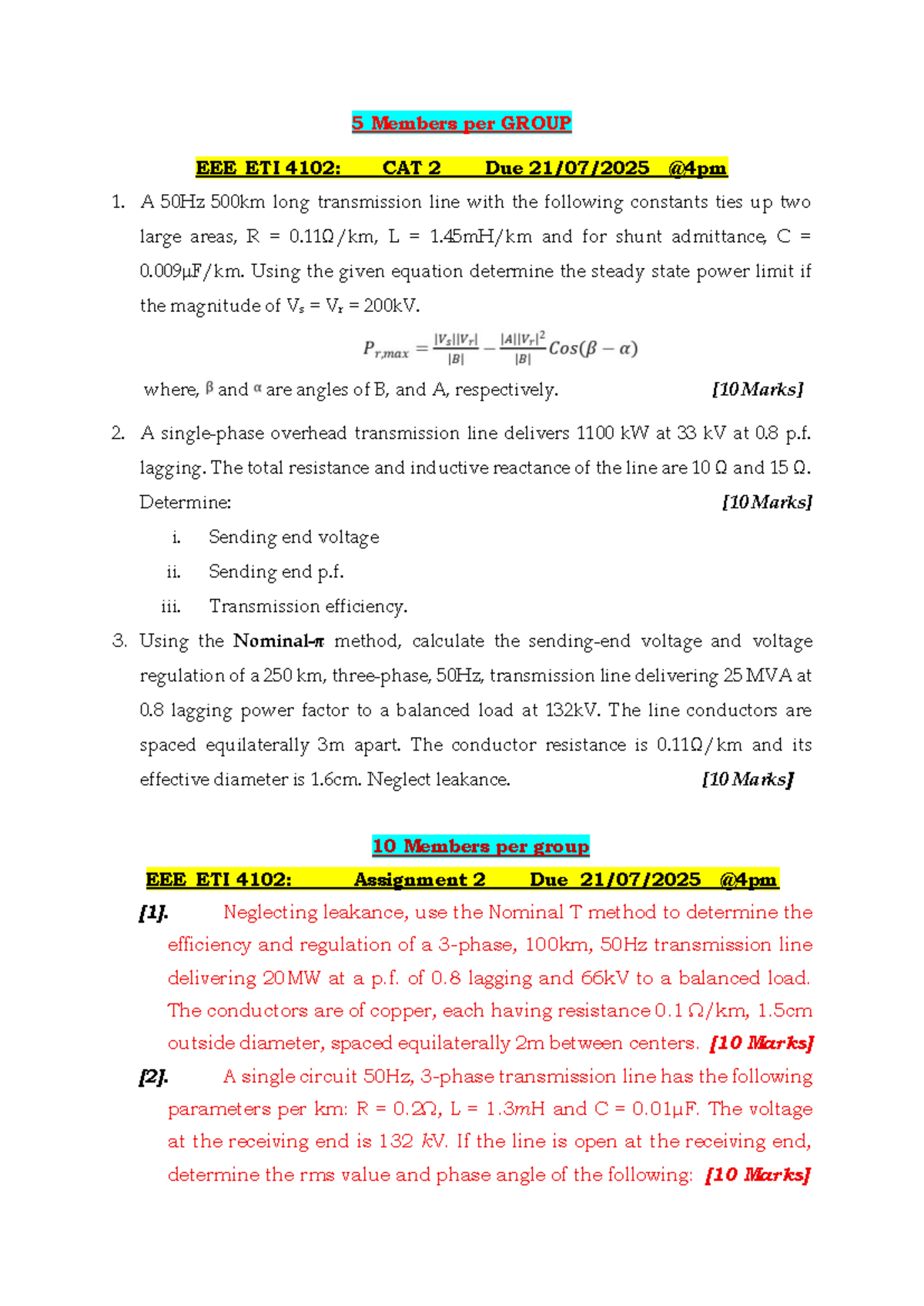 CAT 2 & Assignment 2: Transmission Line Analysis and Calculations - Studocu