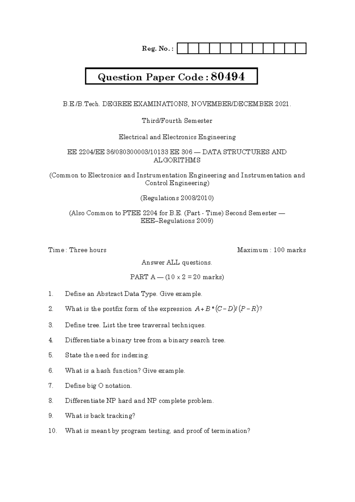 EE 306 Final Exam Question Paper - Data Structures & Algorithms - Studocu